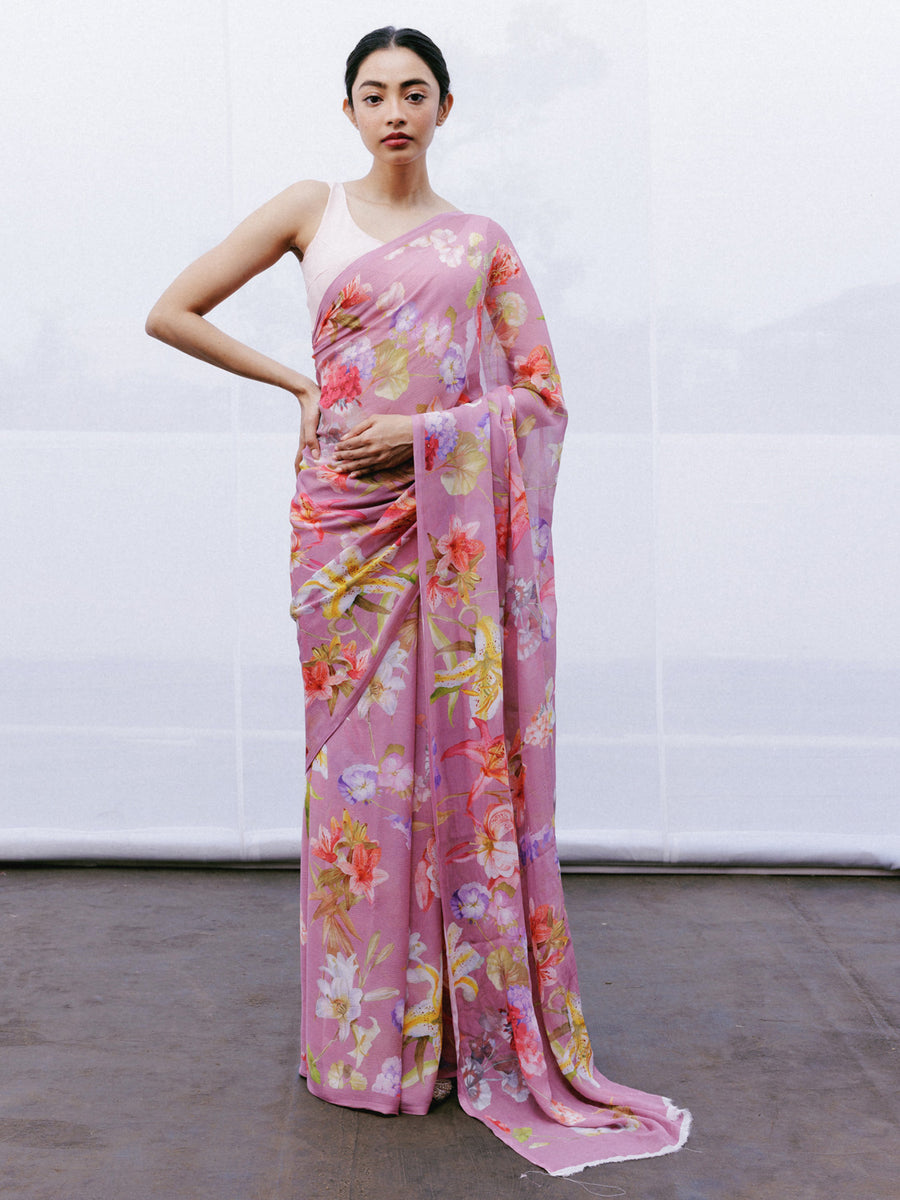 Botanic print floral saree set – thesilkstory