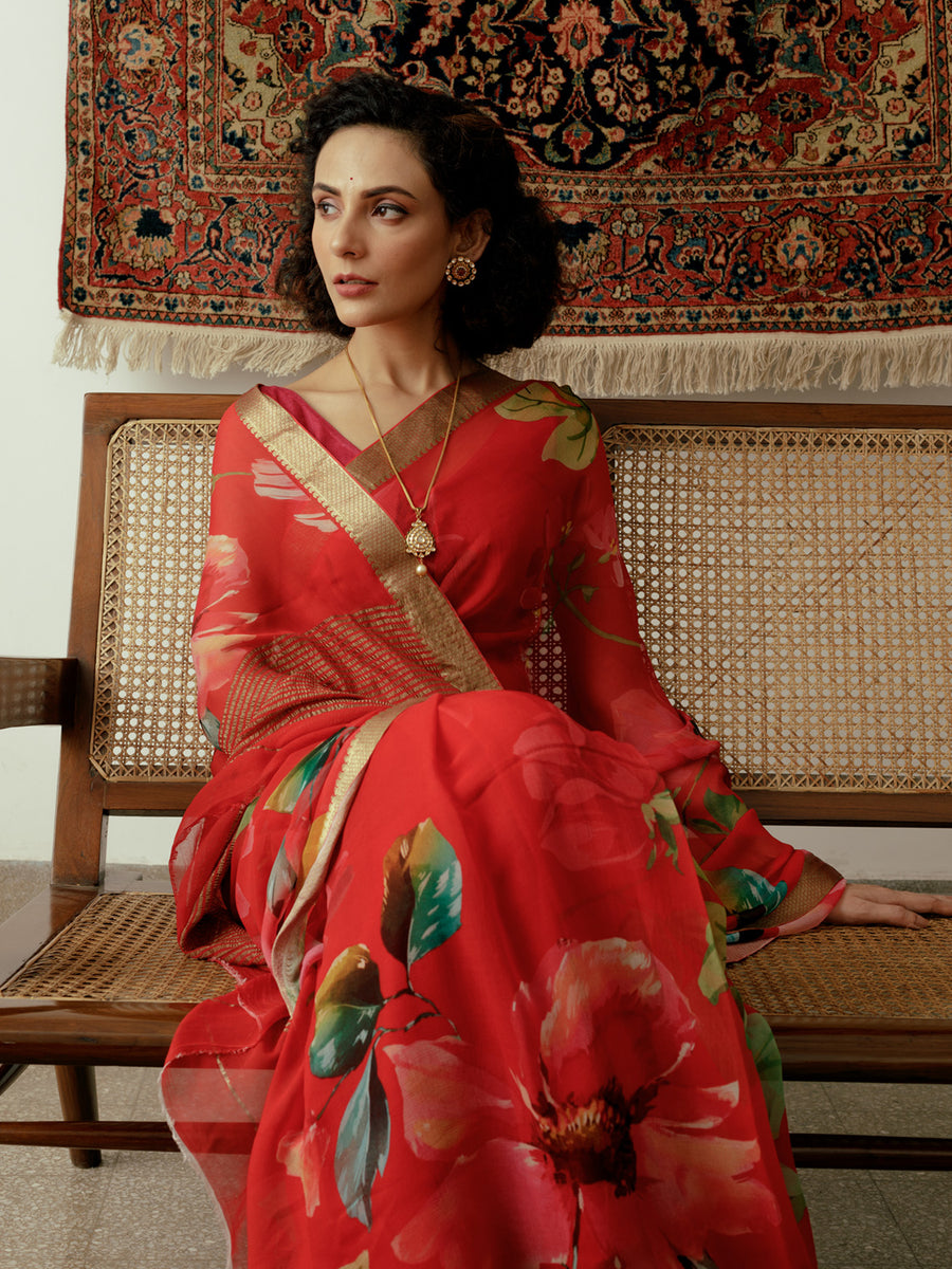 Large red floral bunch saree set – thesilkstory