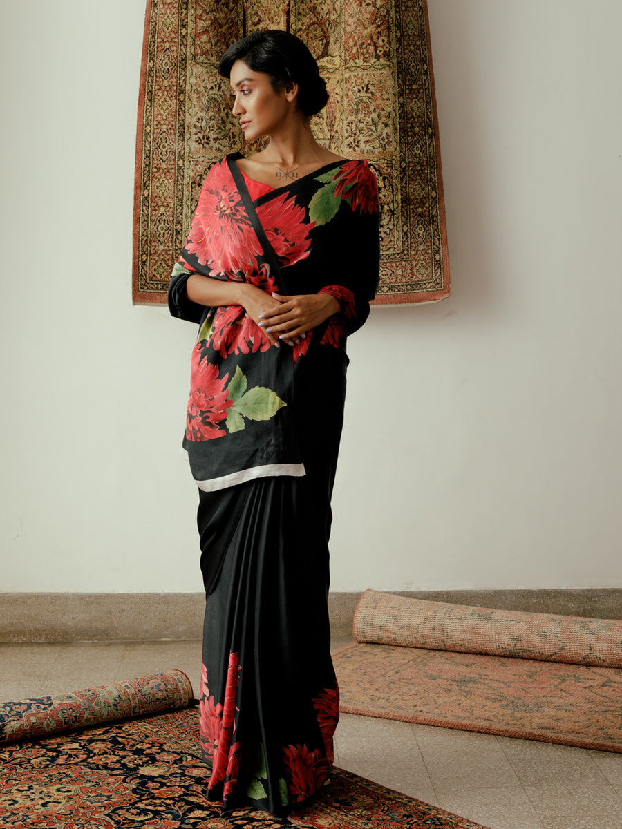 Black large floral bunch saree set – thesilkstory
