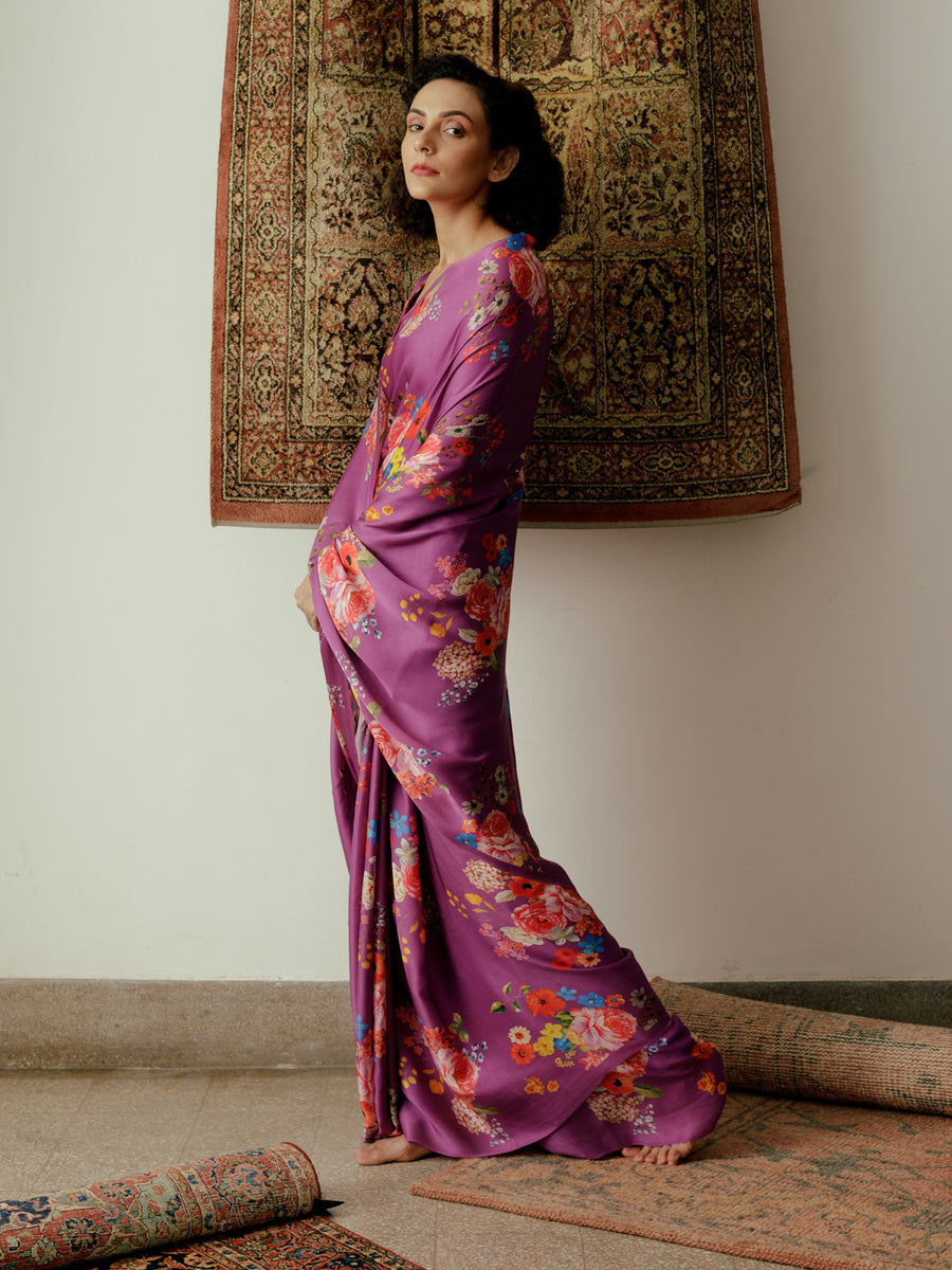 Purple floral bunch saree set – thesilkstory
