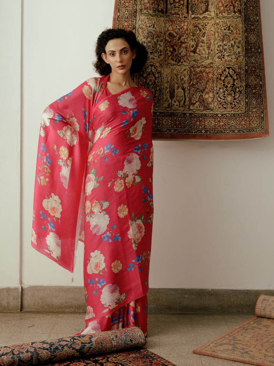 Bright pink floral bunch saree set – thesilkstory