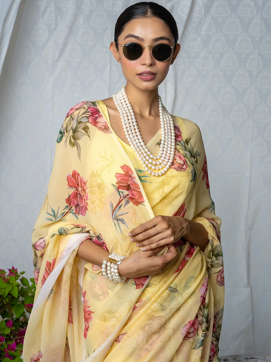 Pale yellow floral saree set – thesilkstory