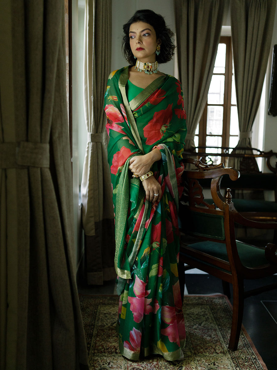 Emerald green large floral bunch saree set – thesilkstory