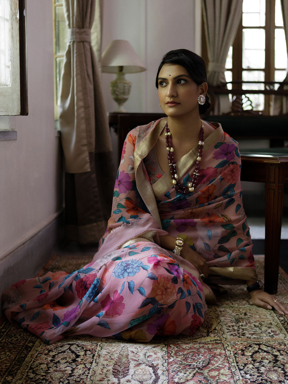 Earthy pink floral saree set – thesilkstory