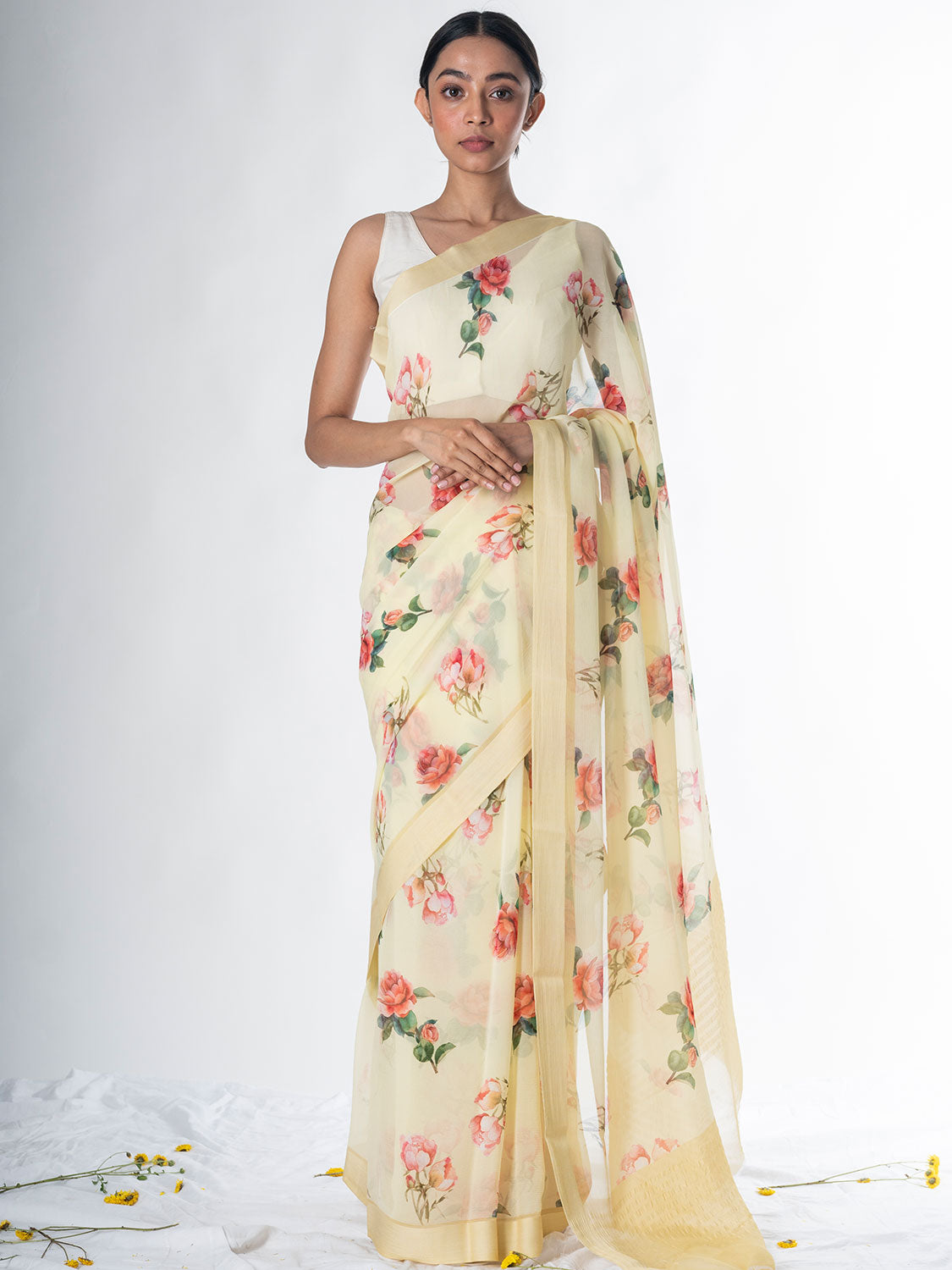 Pale yellow floral saree set – thesilkstory
